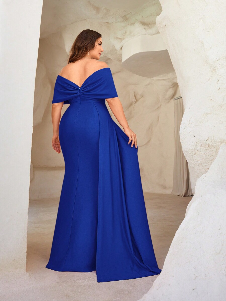 SHEIN Belle Plus Size Red Elegant Simple Bow Off-Shoulder Asymmetric ...