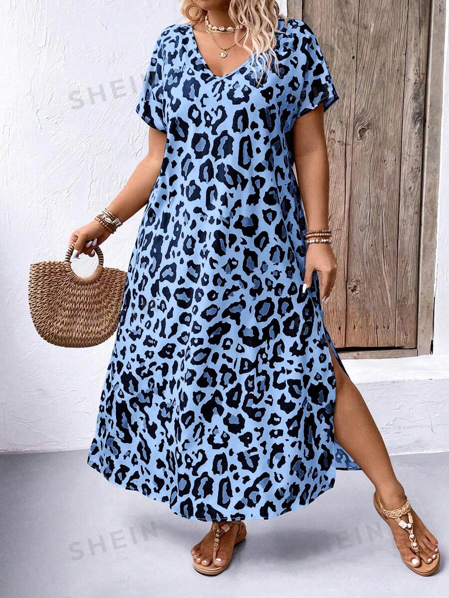 SHEIN LUNE Vestido Longo de Verão Estampado de Leopardo com Decote em V ...