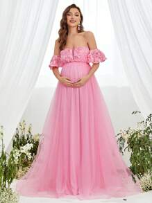 Maternity Elegant Off-Shoulder Gown With 3D Floral Appliques & A-Line ...
