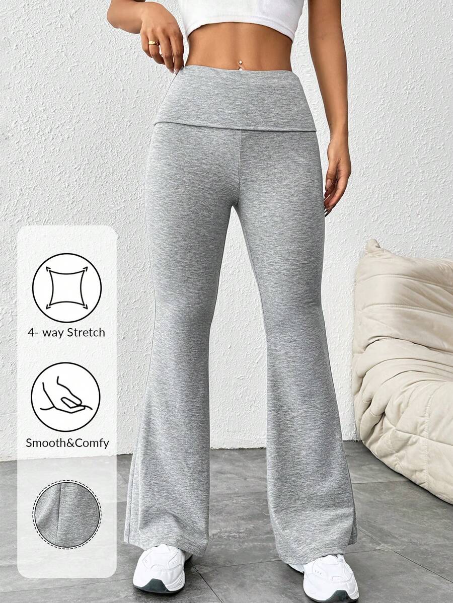 SHEIN PETITE Women Solid Flare Skinny Pants Fold Over Leggings Stretch ...