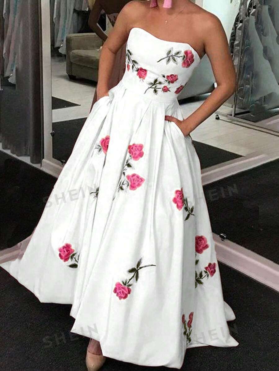 SHEIN Privé Plus Size Floral Elegant A-Line Sleeveless Rose Print Midi ...