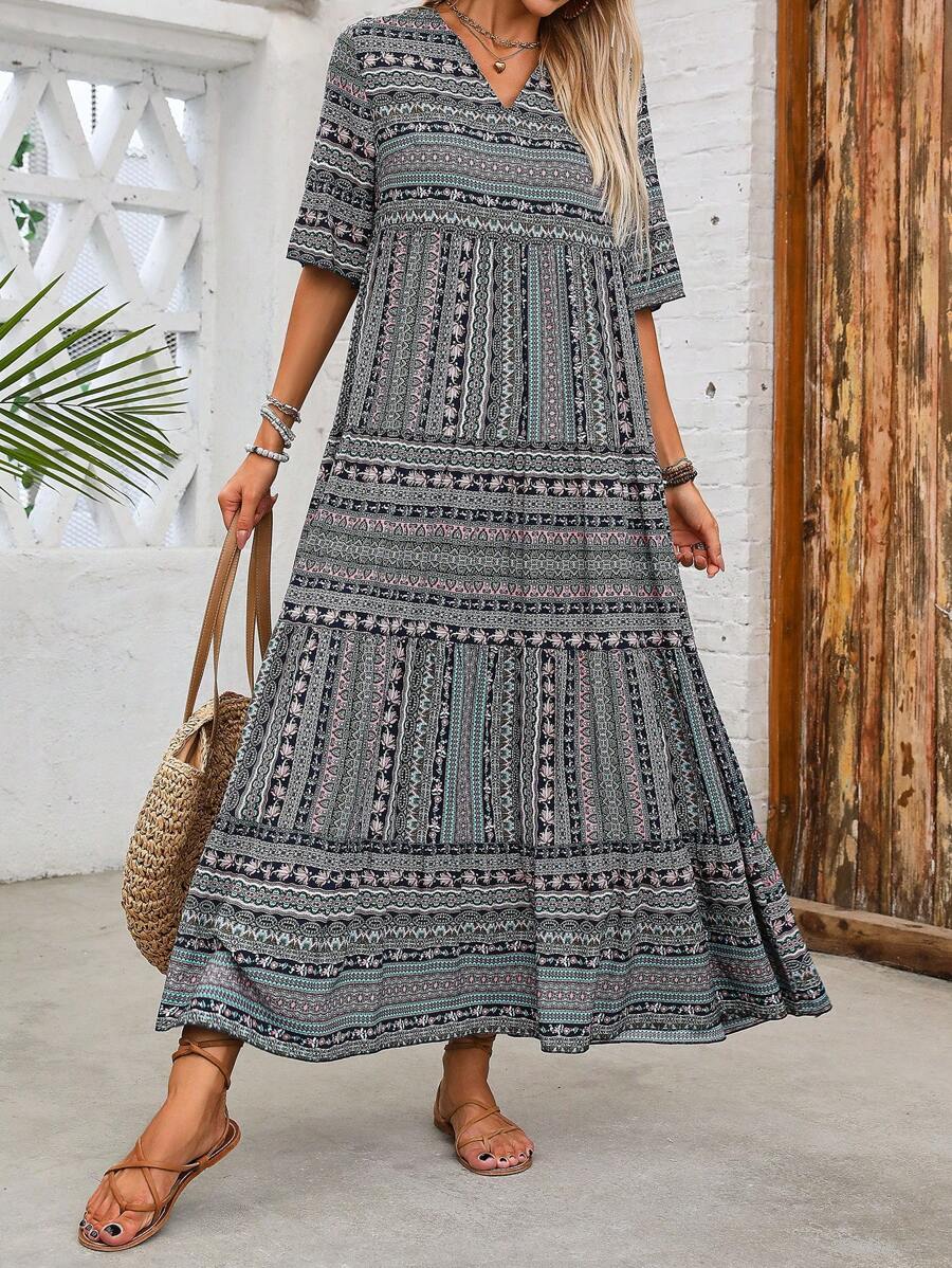 Breezaya Women's V-Neck Short Sleeve All-Over Print Random Cut Flare ...
