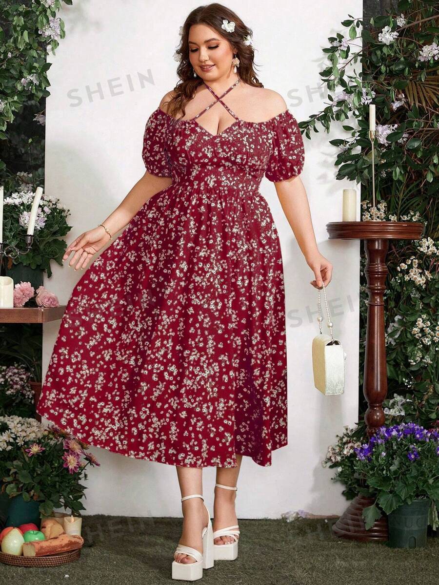 SHEIN WYWH Plus Size Cross-Tied Halter All-Over Ditsy Floral Split Open ...
