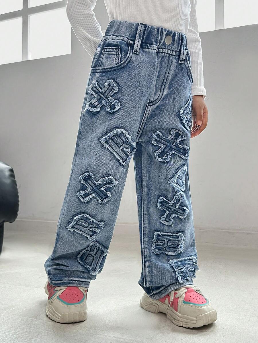 Young Girl Y2K Bold Street Stone Wash Letter Patchworks Wide Legs Jeans, Girls Must-Have Chic ...