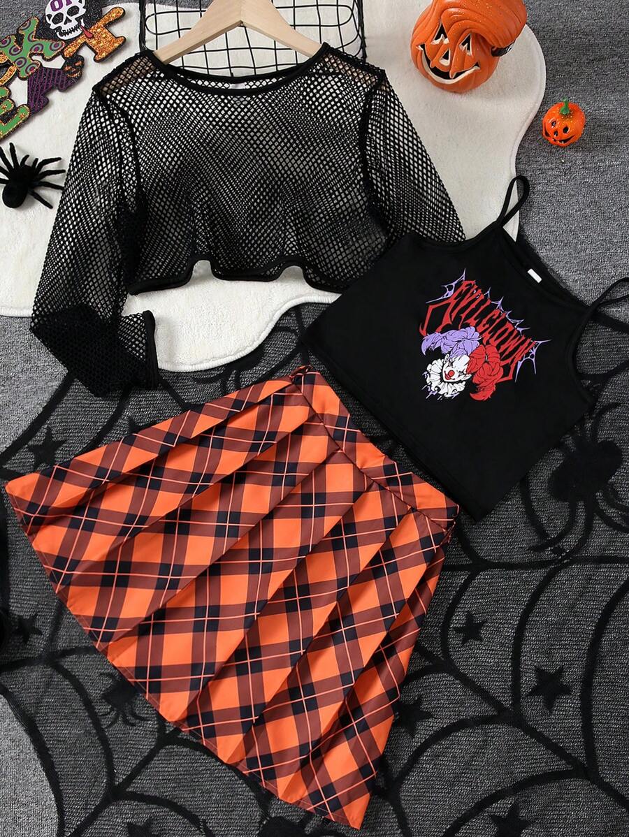 SHEIN 2pcs Tween Girls' Punk Goth Halloween Costume Fishnet Top ...