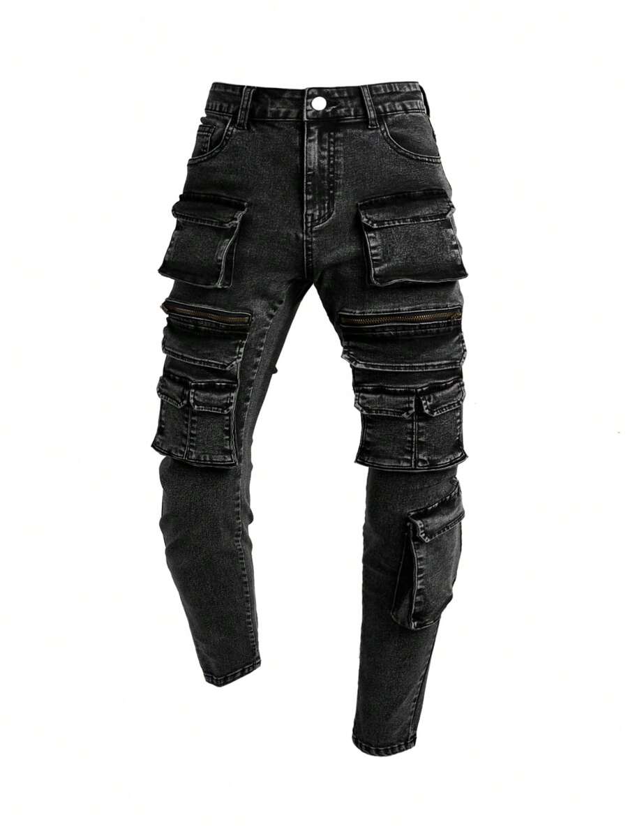 Manfinity EMRG Men's Black Cargo Jeans With Multiple Pockets, Street ...