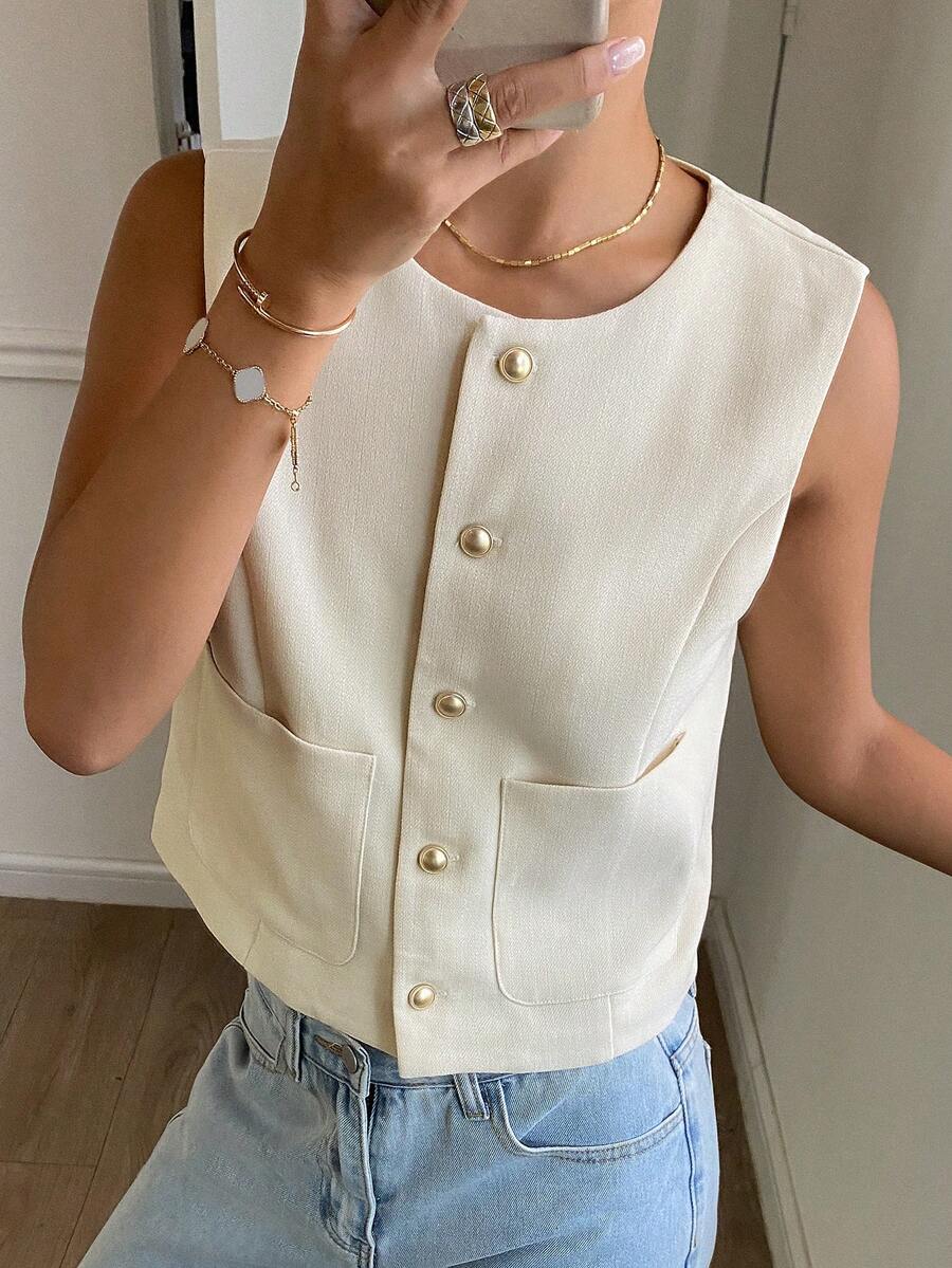 DAZY Women's Solid Color Round Neck Sleeveless Form-Fitting Jacket ...