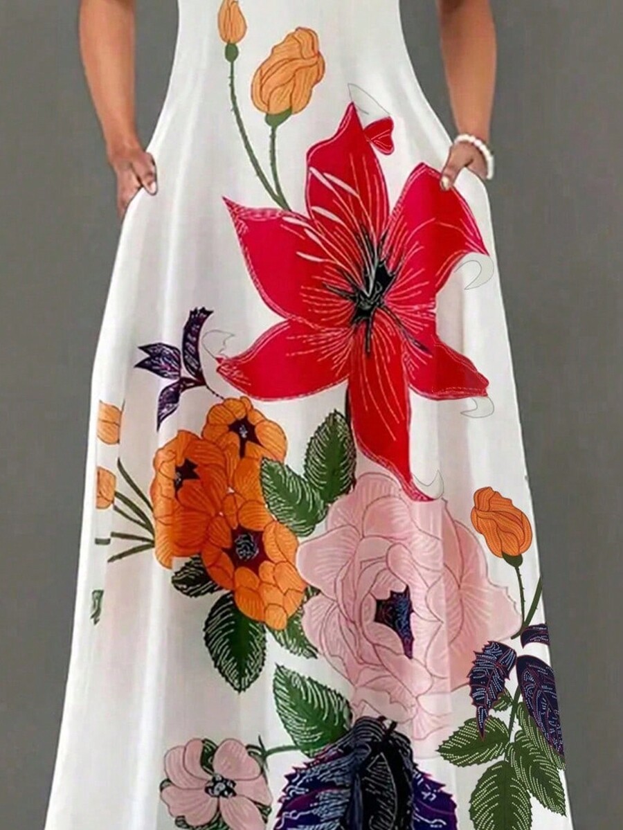 INAWLY Plus Size Floral Pattern Dress With Hidden Pockets, Summer ...