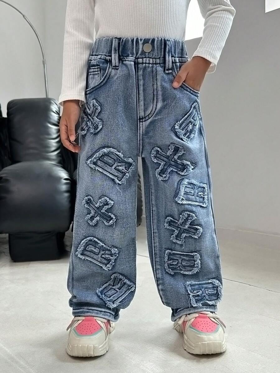 Young Girl Y2K Bold Street Stone Wash Letter Patchworks Wide Legs Jeans, Girls Must-Have Chic ...