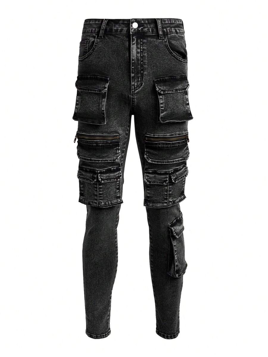 Manfinity EMRG Men's Black Cargo Jeans With Multiple Pockets, Street ...