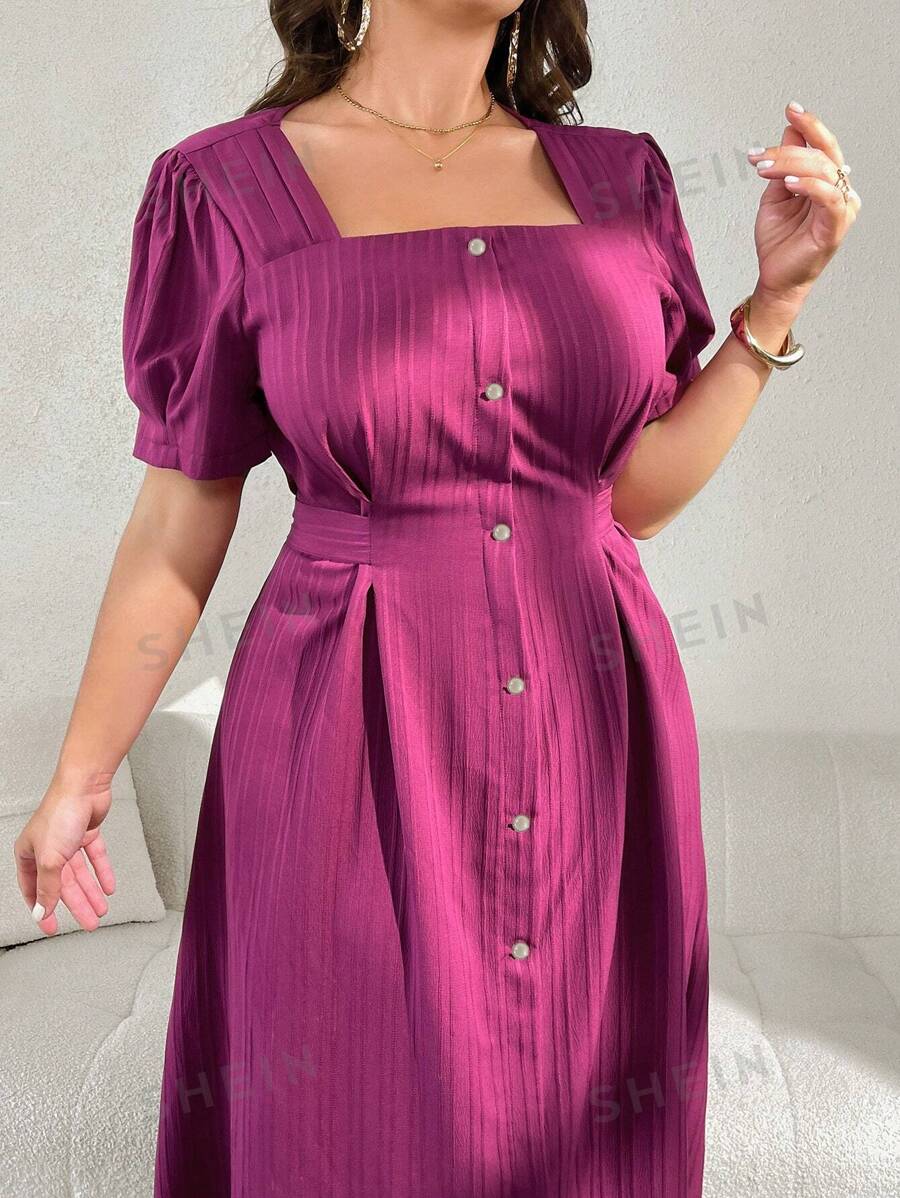 SHEIN Mulvari Vestido Elegante de Manga Bufante Curta com Cintura Amarrada e Contas, Gola ...