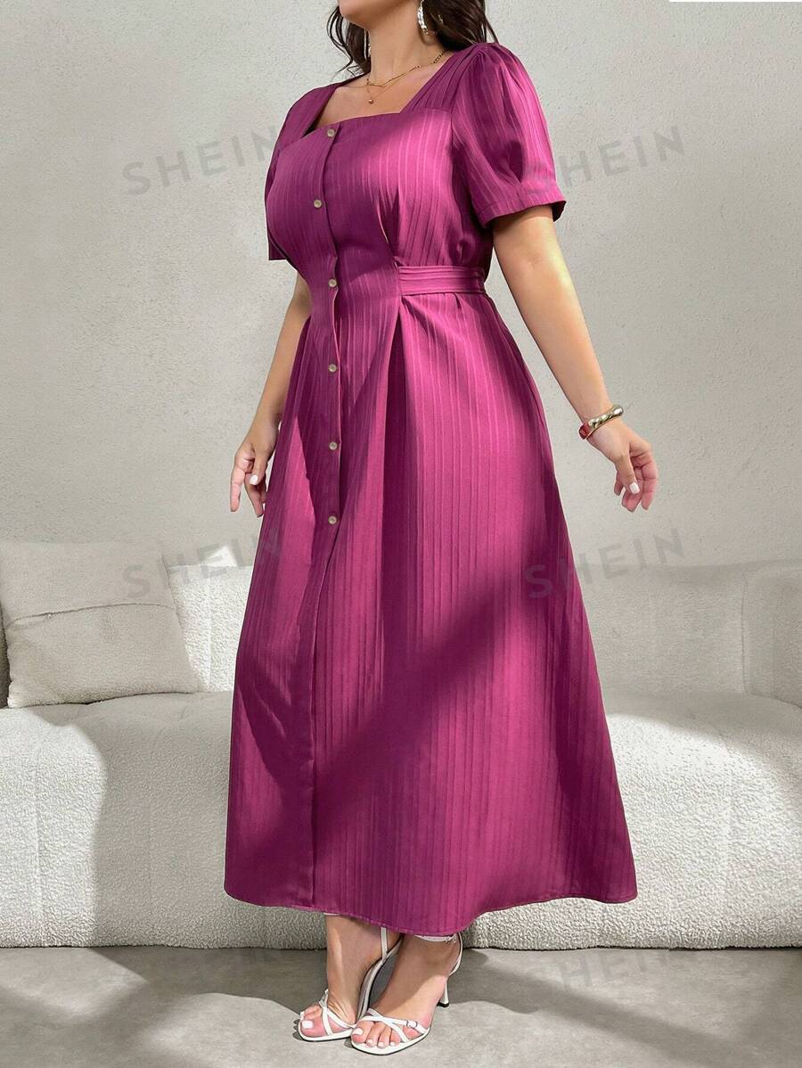 SHEIN Mulvari Vestido Elegante de Manga Bufante Curta com Cintura ...