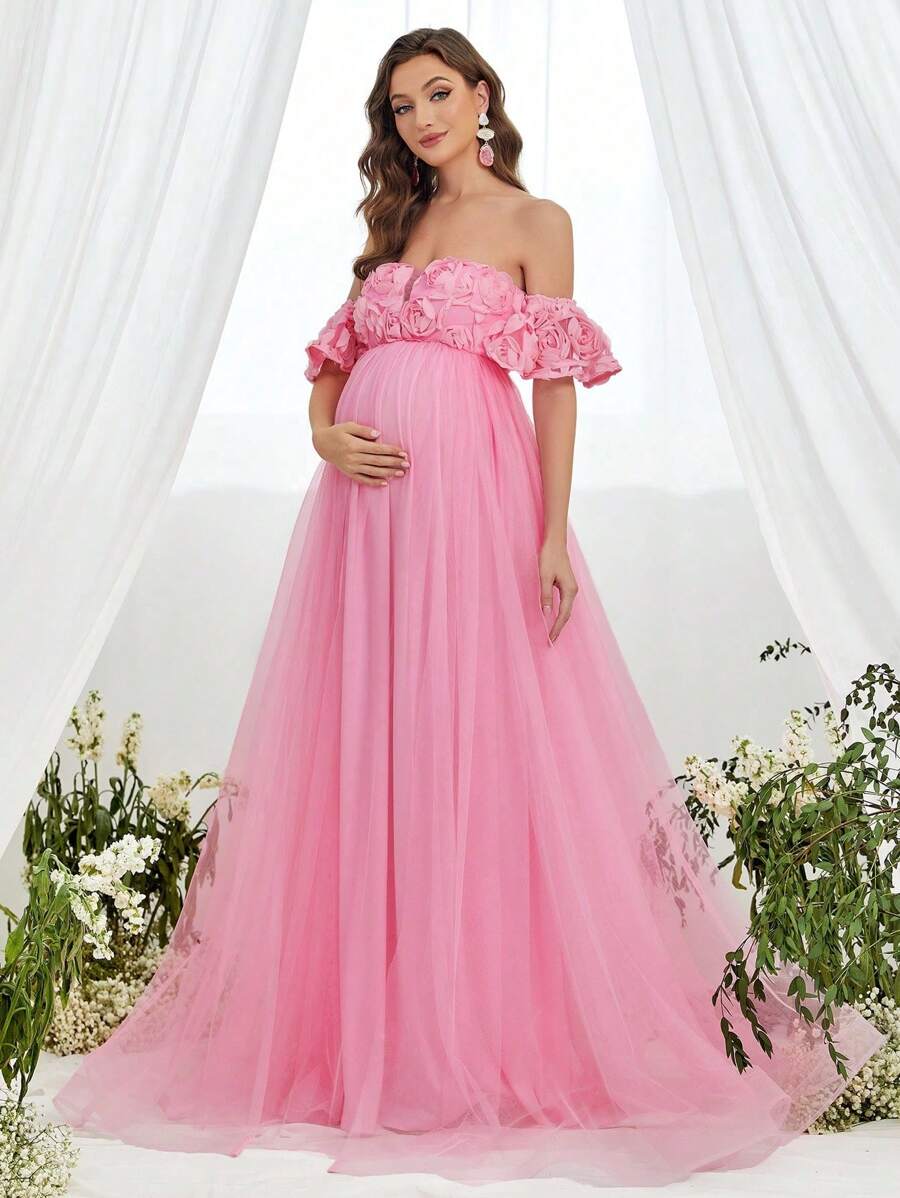 Maternity Elegant Off-Shoulder Gown With 3D Floral Appliques & A-Line ...