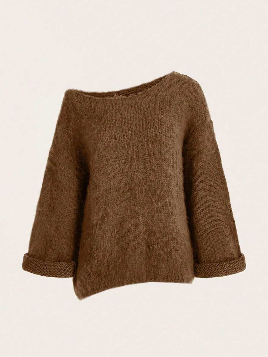 SHEIN LUNE Ladies' Solid Color Asymmetrical Neck Long Sleeve Sweater ...