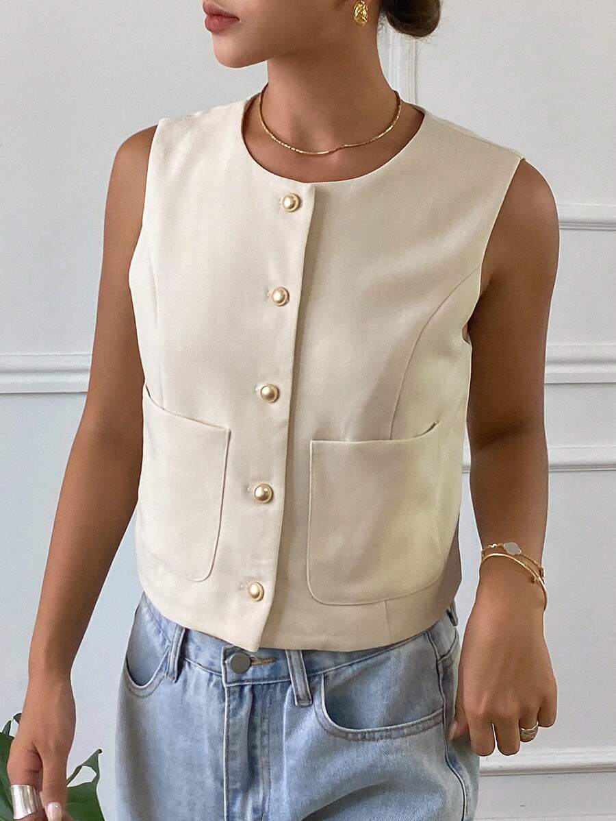 Livesso Women's Solid Color Round Neck Sleeveless Form-Fitting Jacket ...