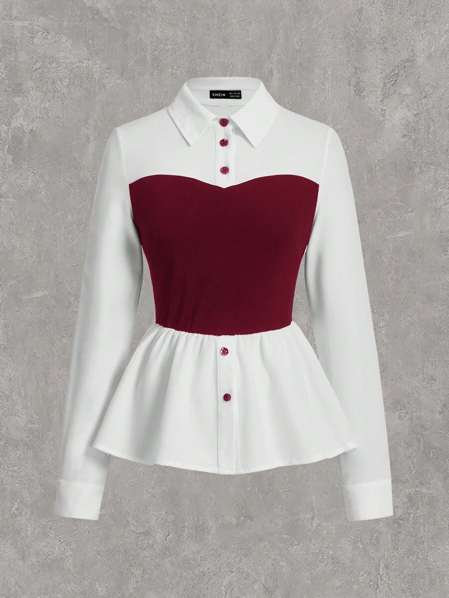 SHEIN EZwear Wine Red Woven 2 In 1 Slim Fit Blouse For Women,Long ...