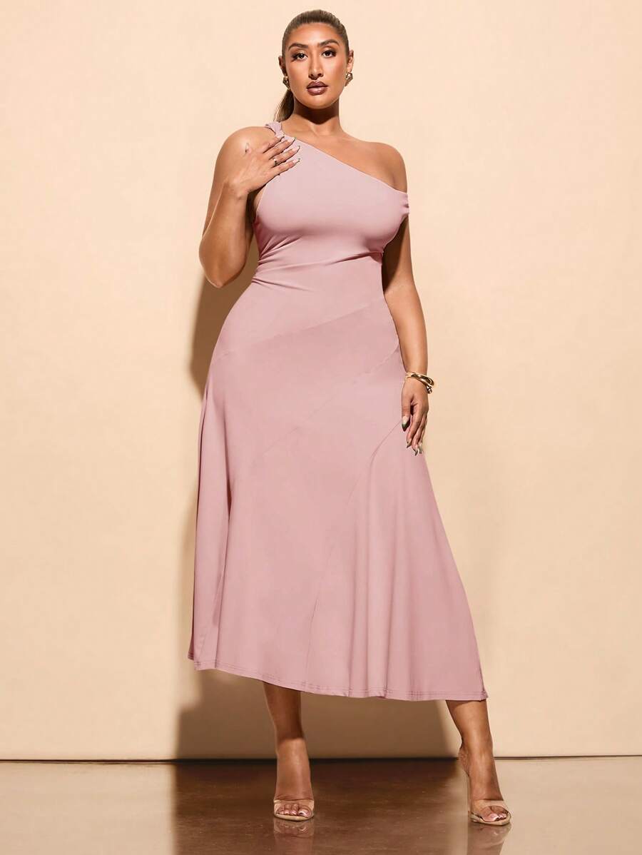 SHEIN BAE Plus Size Women's Solid Color Summer Elegant Graduation Party Satin One Shoulder ...