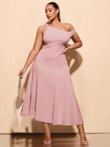 SHEIN BAE Plus Size Women's Solid Color Summer Elegant Graduation Party Satin One Shoulder ...