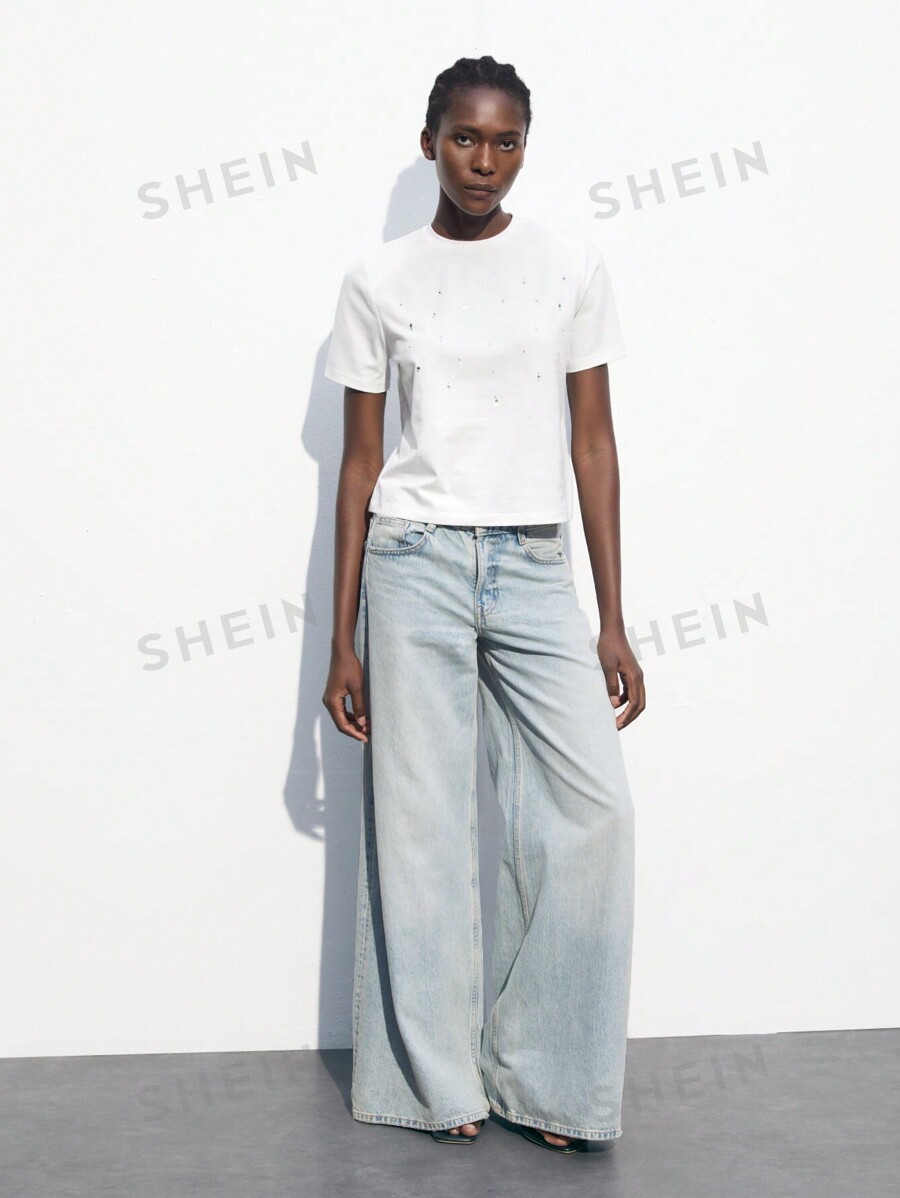 SHEIN Maija Women Rhinestone Decor Crew Neck Short Sleeve T-Shirt ...