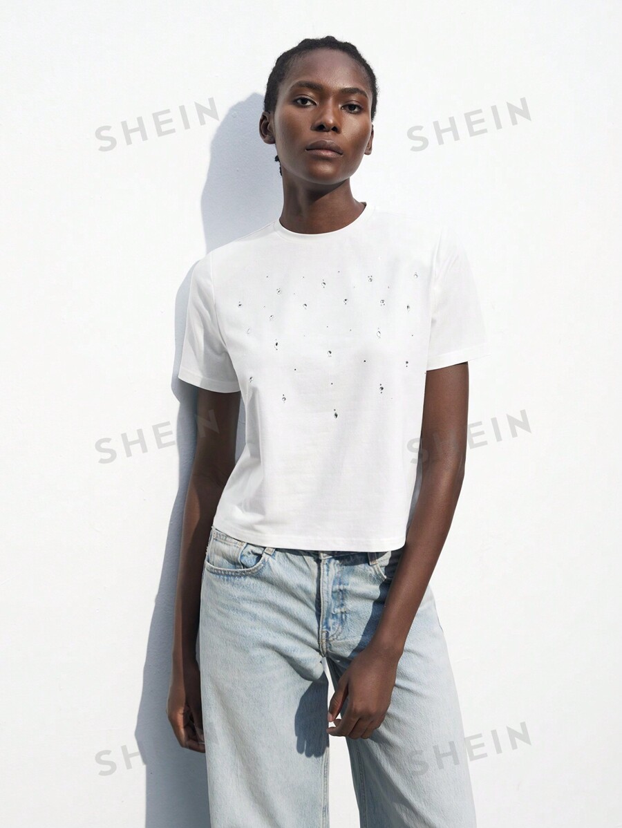 SHEIN Maija Women Rhinestone Decor Crew Neck Short Sleeve T-Shirt ...