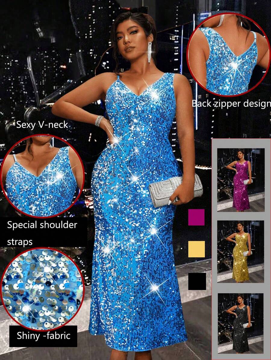 SHEIN Belle Plus Size Fashionable Sequined Sleeveless Dress With Waist ...