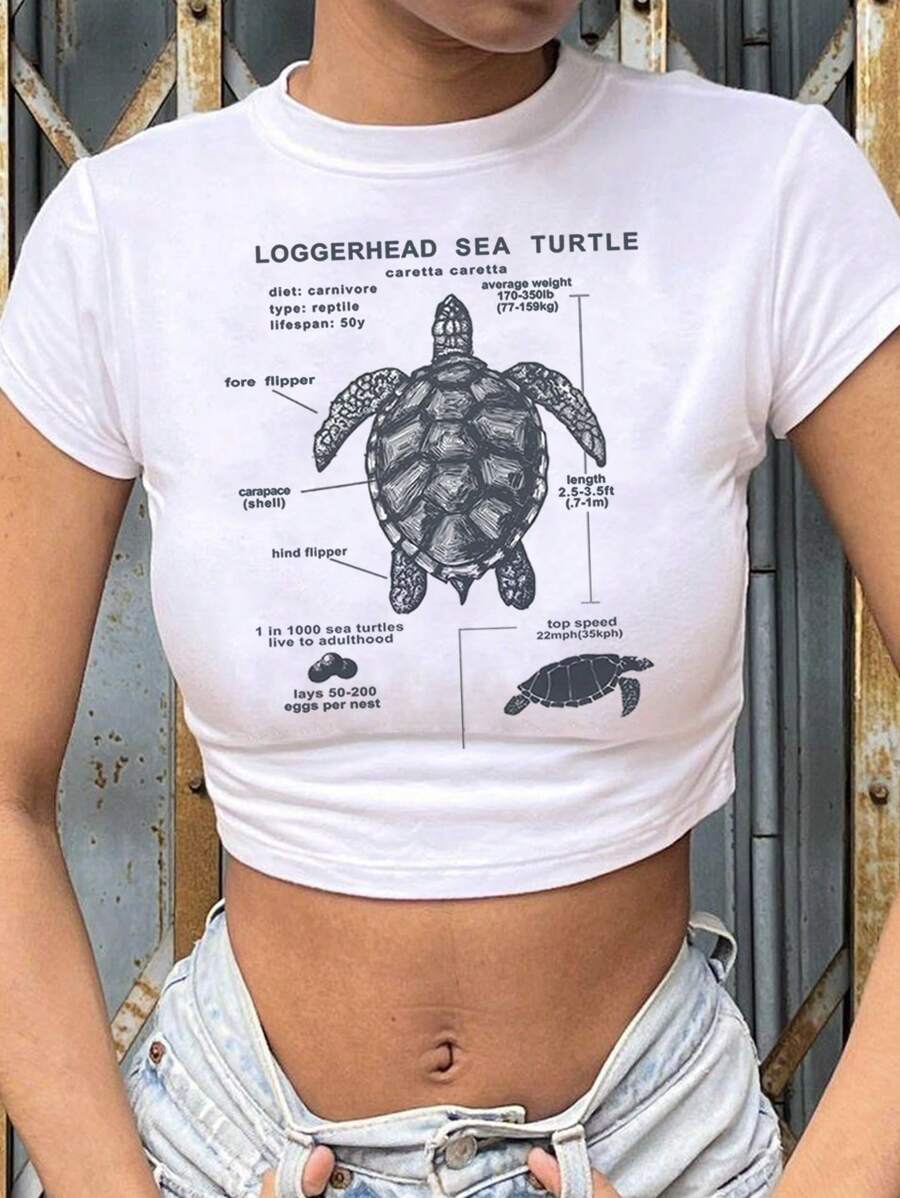 SHEIN MOOSTA Casual Turtle Print Slim Short Sleeve Summer T-Shirt ...