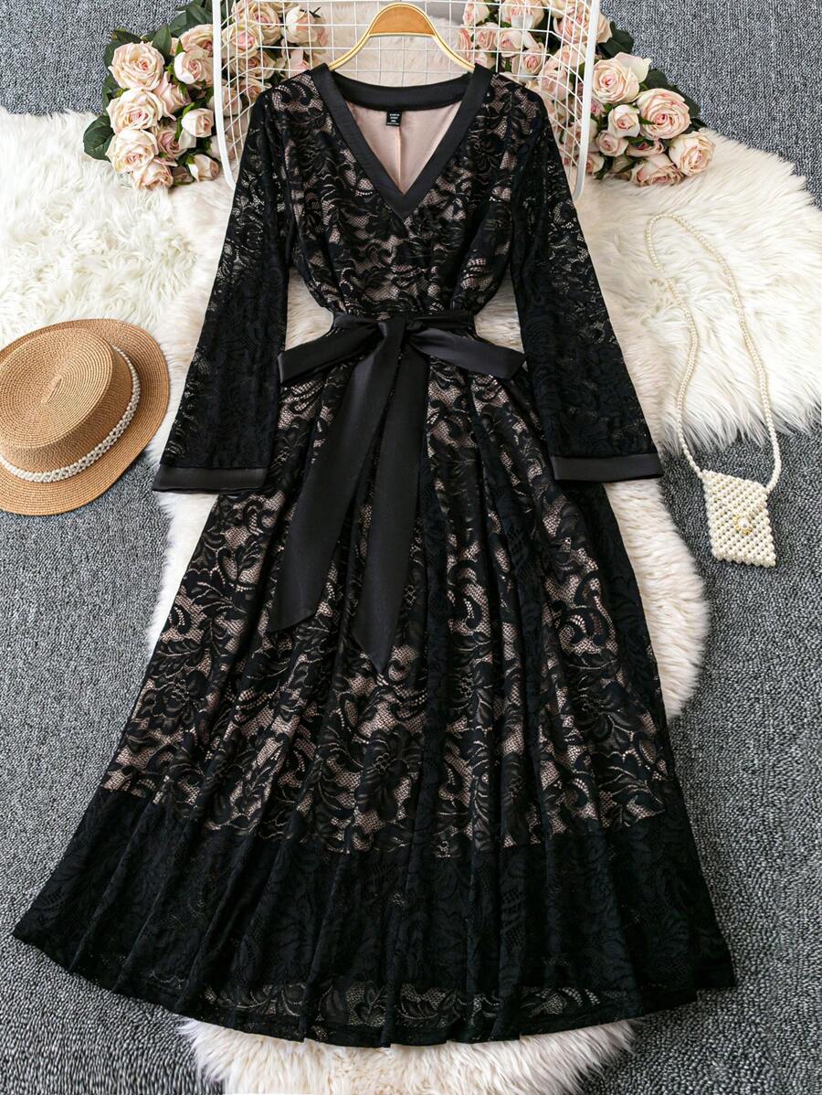 SHEIN Clasi V-Neck Long Sleeve Lace Patchwork Gathered Waist A-Line ...