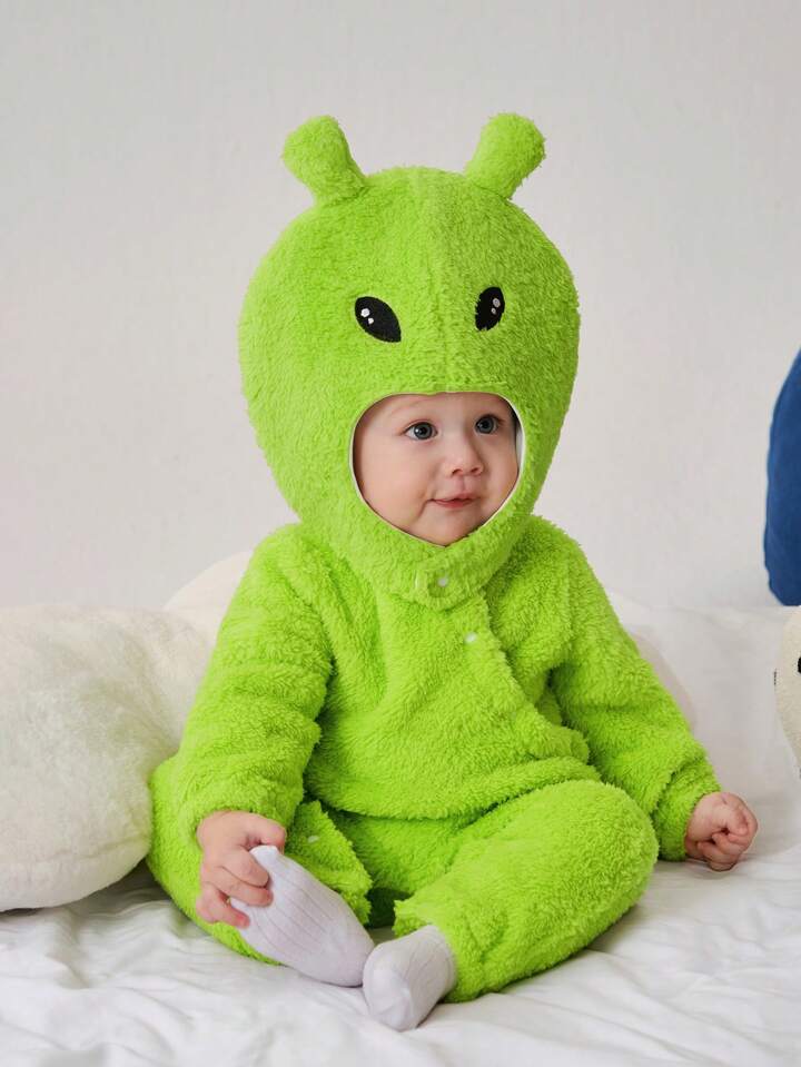 SHEIN Persoplay Kids 2pcs Baby Boy Adorable Alien Costume With Horn Thick Plush Fabric Overall With Hat Suitable For Party In Autumn Winter