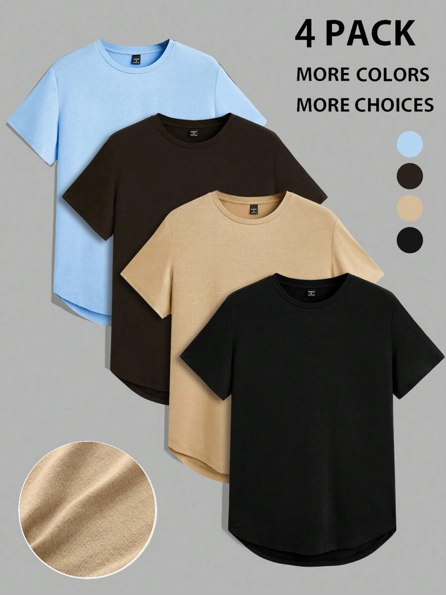 Manfinity Homme 4pcs/Pack Men Standard Knitted Curved Hemline T-Shirts ...