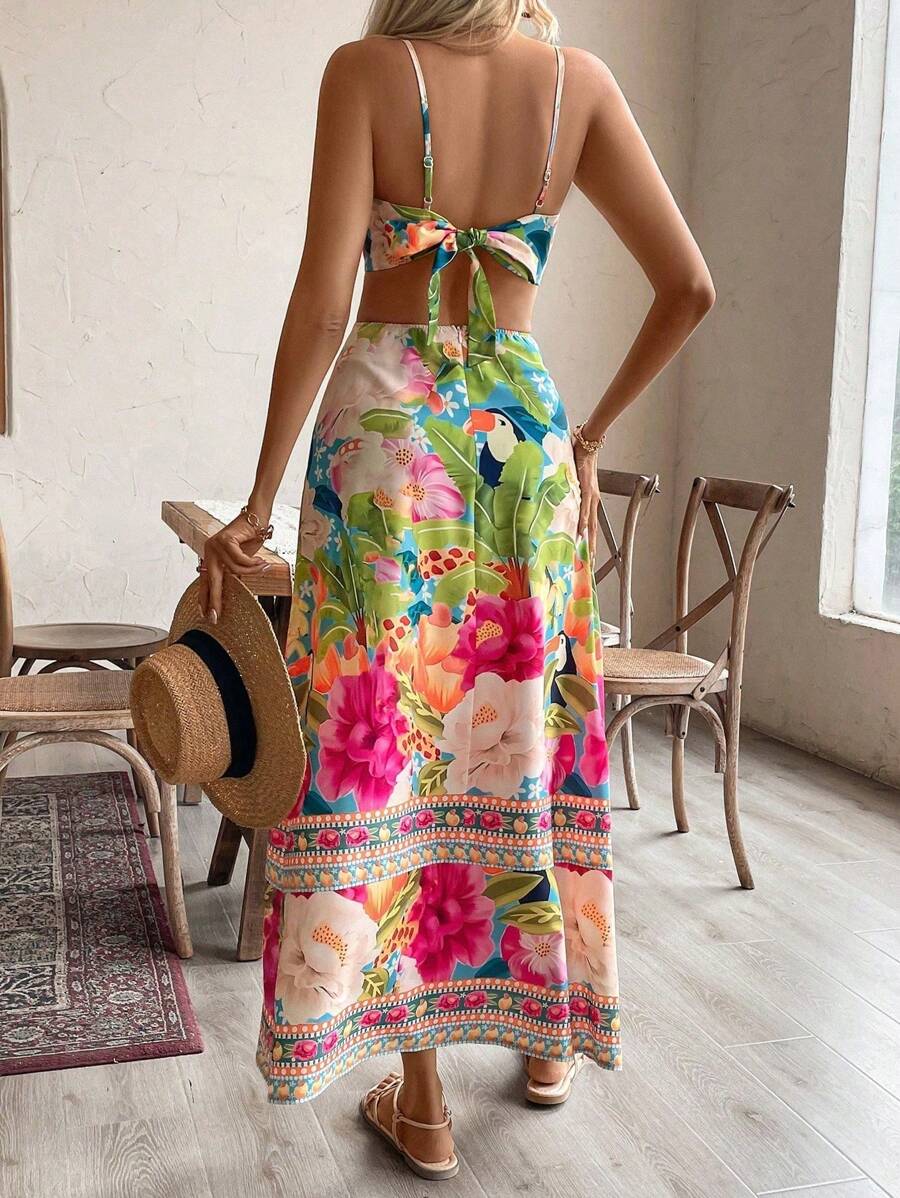 SHEIN Holidaya Vacation Style Floral Print Hollow Out Backless Tie ...