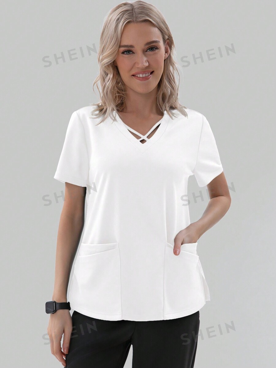 SHEIN TaskFit Women Scrubs 4-Pocket Crisscross Scrub Top | SHEIN USA