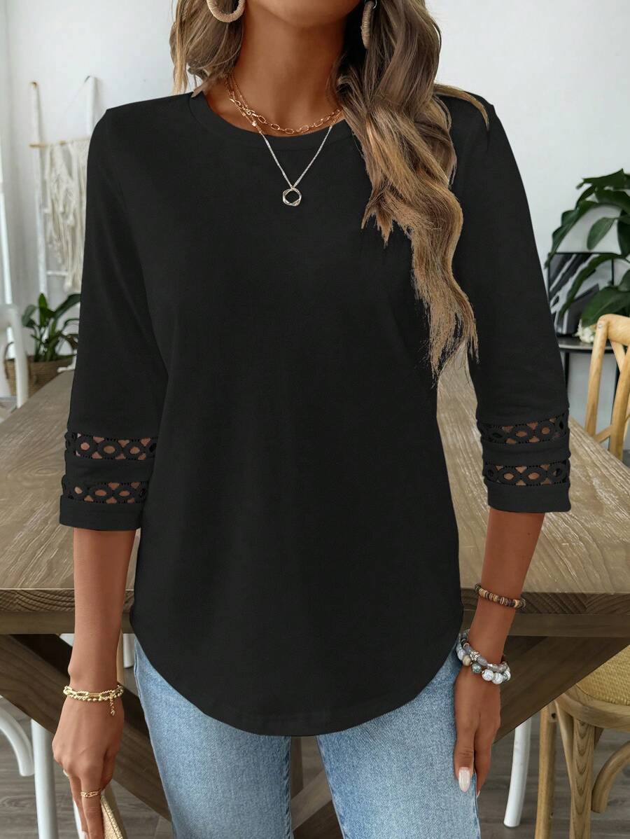 EMERY ROSE Women Solid Color Casual Crew Neck Hollow Out Sleeve Tee ...