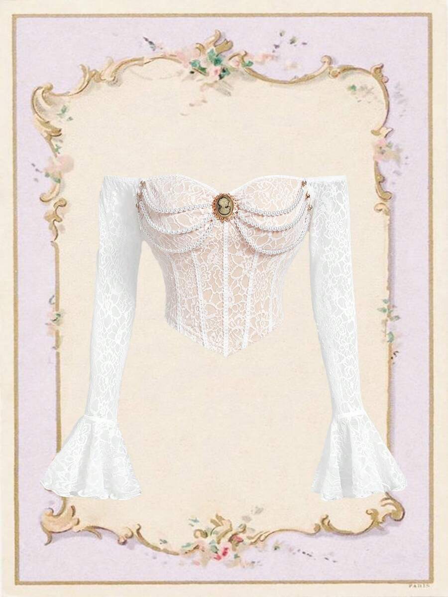 SHEIN MOD Women's Vintage Style White Off-Shoulder Ruffle Long Sleeve ...