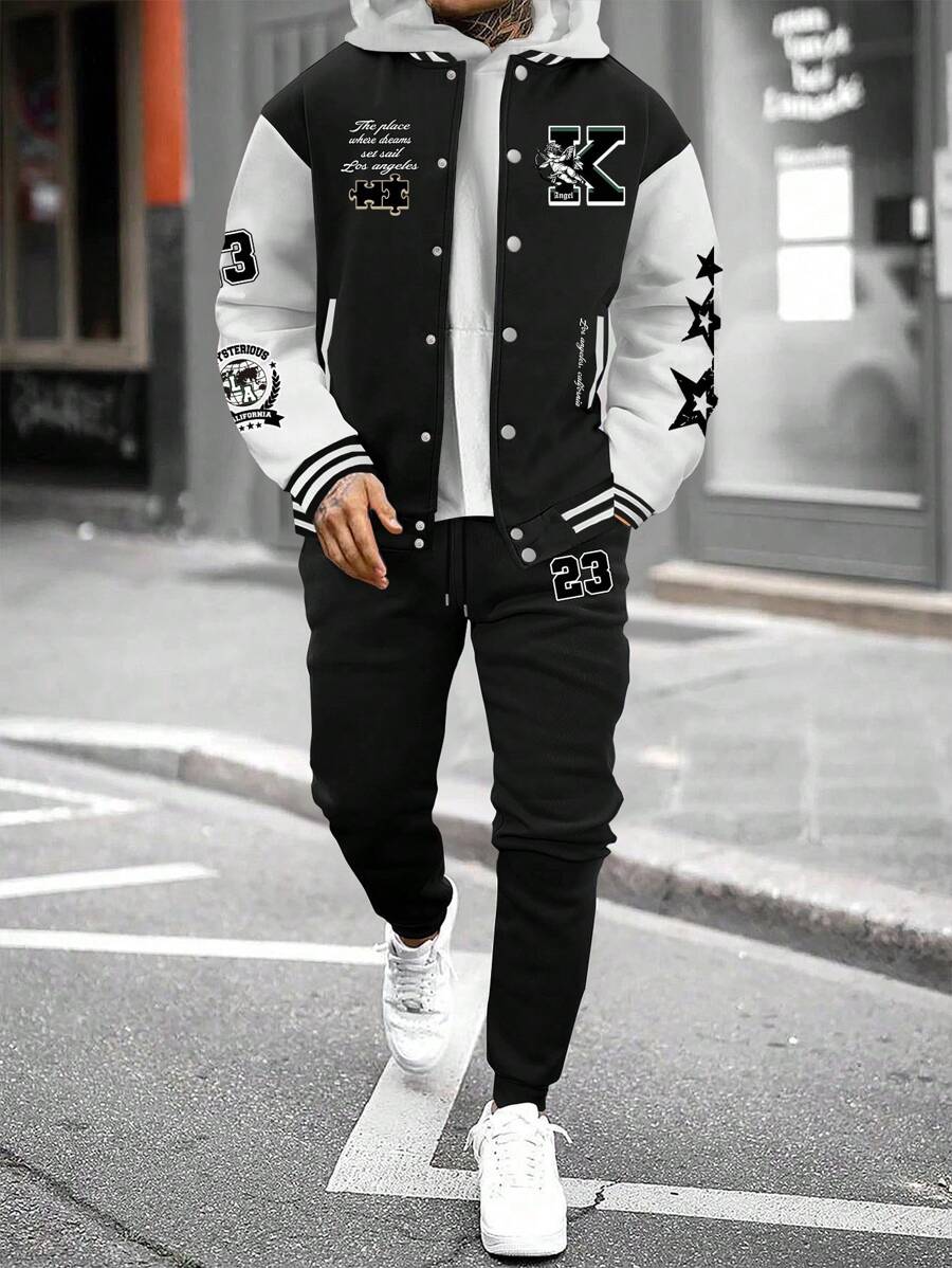 Manfinity Hypemode Men Star & Slogan Graphic Two Tone Bomber Jacket & Sweatpants For Spring ...