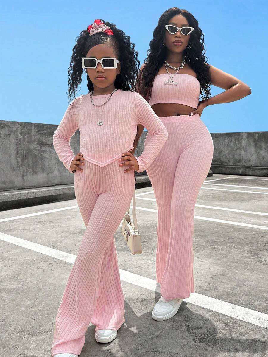 SHEIN Tween Girl's Casual Pink Knit Crew Neck Ribbed Curved Hem Sweater ...