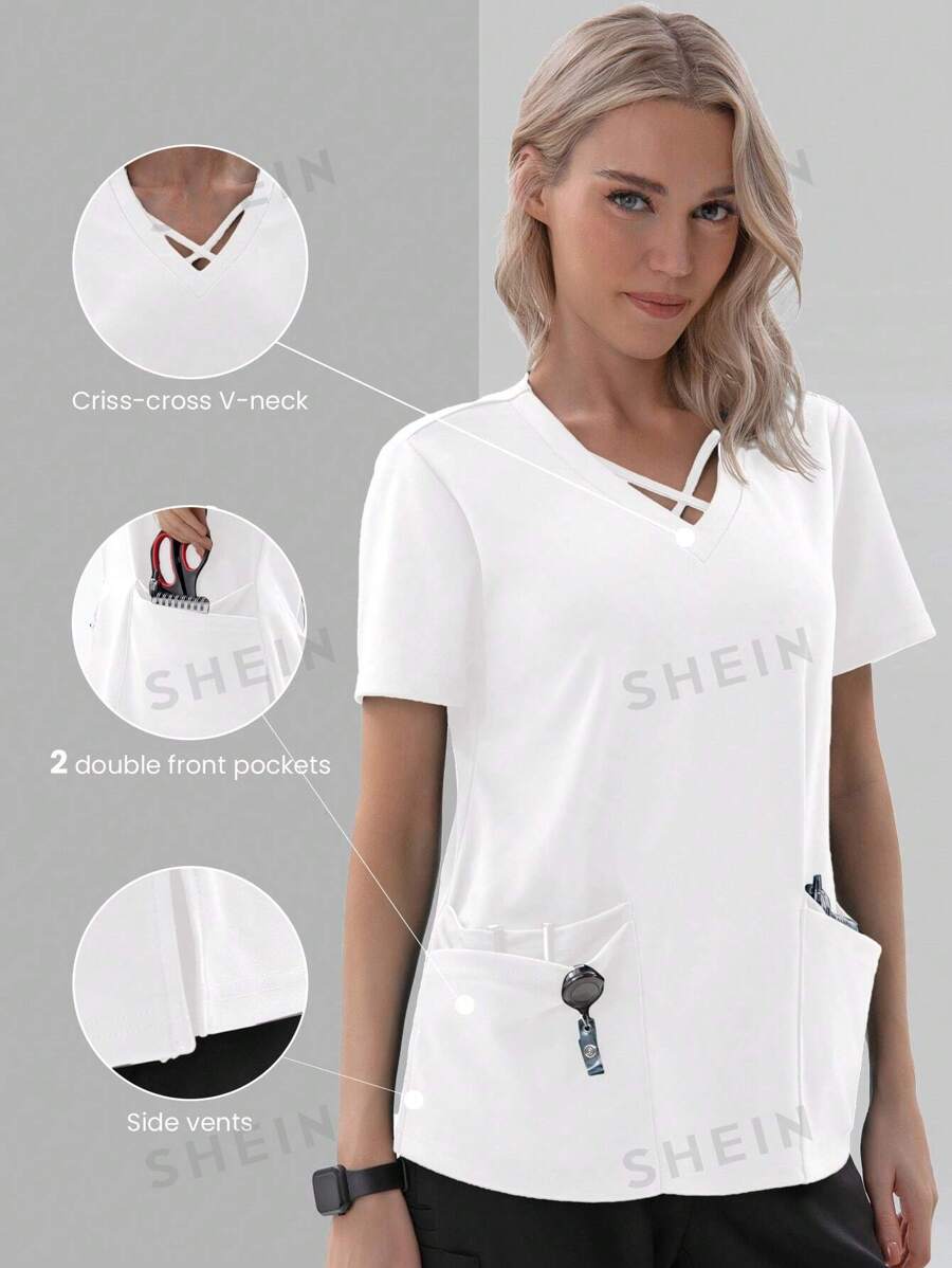 SHEIN TaskFit Women Scrubs 4-Pocket Crisscross Scrub Top | SHEIN USA