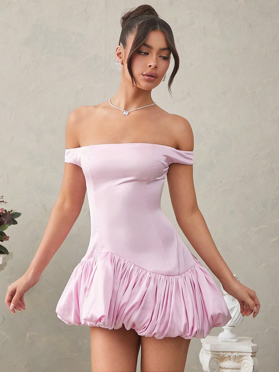 SHEIN Haute Elegant Solid Off Shoulder Bubble Hem Mini Dress | SHEIN USA