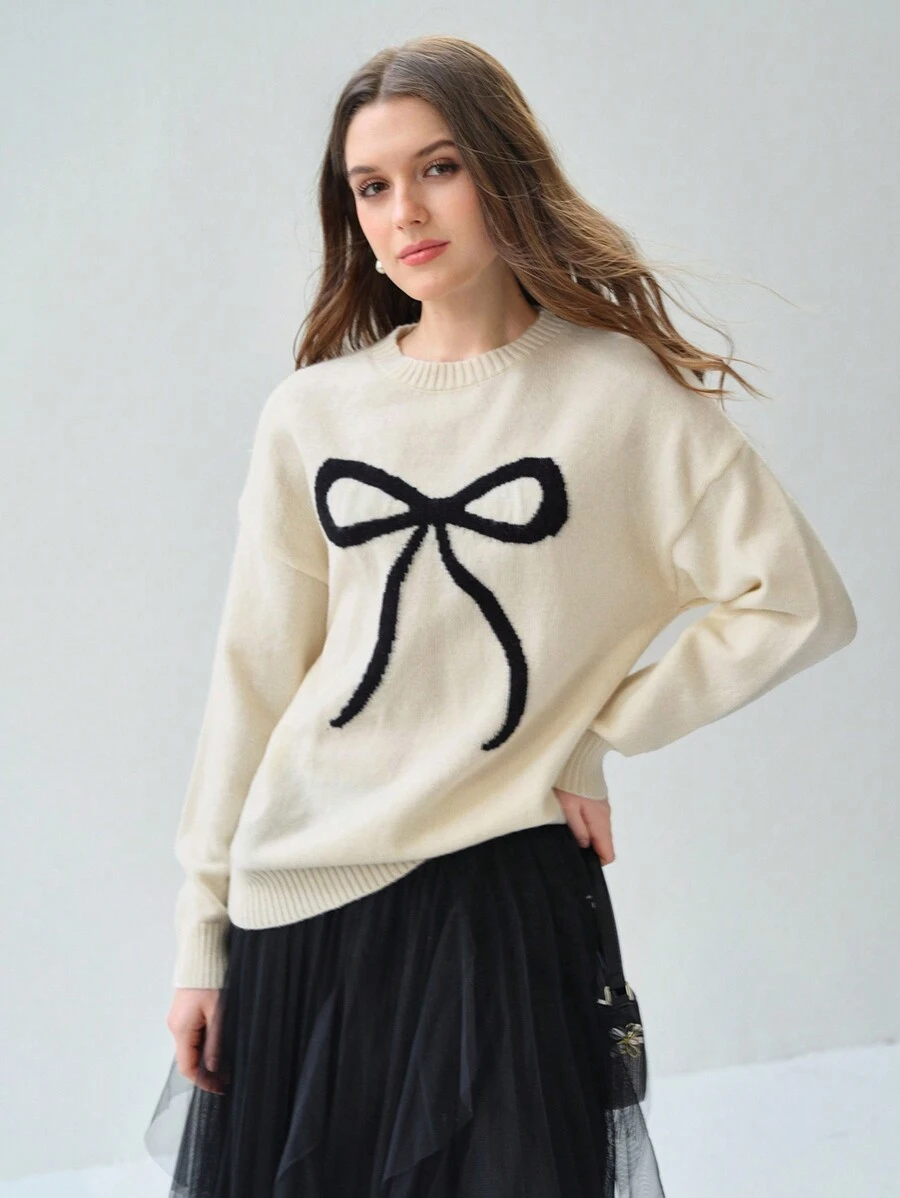 Enchnt Autumn Sweater, Romantic Round Neck Bow Pattern, Loose And ...