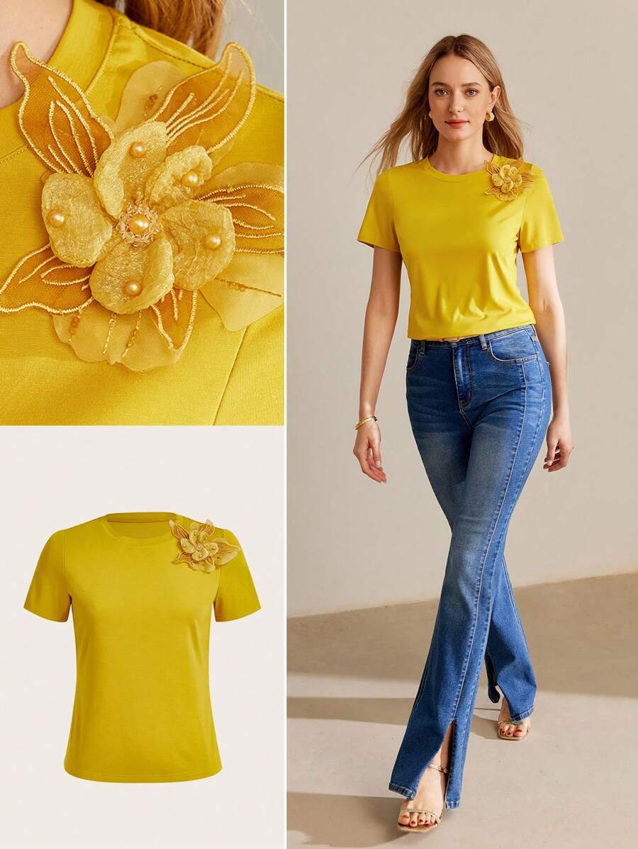 MOTF PREMIUM FLORAL PATCH FITTED T-SHIRT,SUMMER OUTFITS | SHEIN USA