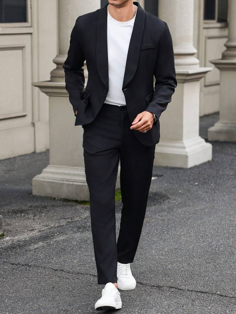 Manfinity Mode Men's Solid Color Simple Everyday Suit - Long Sleeve ...