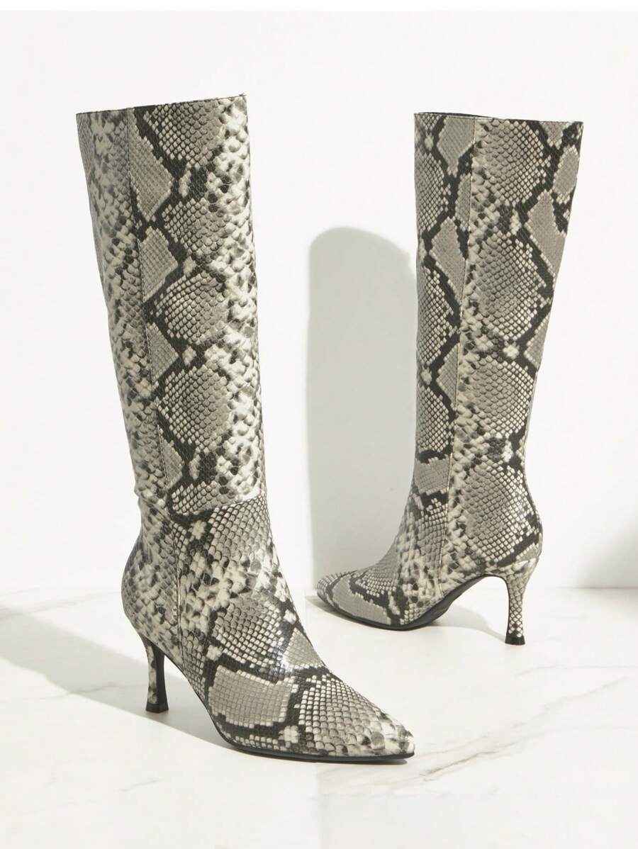 SHUZIA Women Shoes Knee High Boot Kitten Heel Pointy Toe Snake PU Beige ...