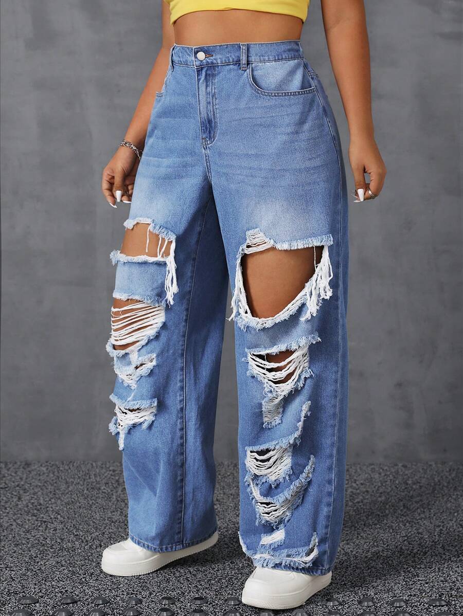 SHEIN CURVE+ Extra Plus Size Women Non-Stretch Blue Denim Straight Leg ...