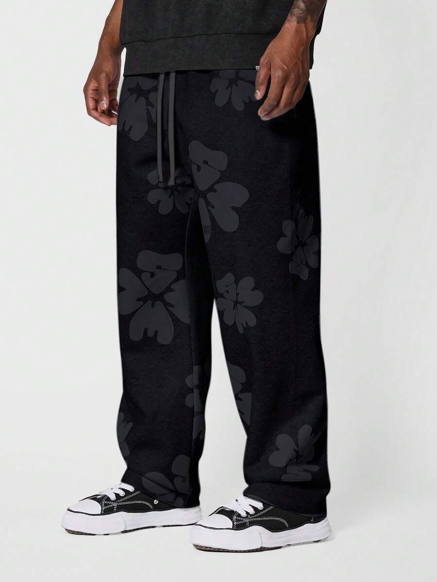SUMWON Oversized Fleece Athletic Sweatpants With Floral Shadow Print ...