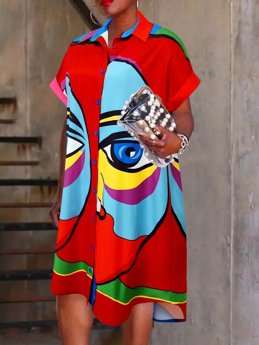 SHEIN LUNE Women's Colorblock & Face Print Short Sleeve Dress | SHEIN USA