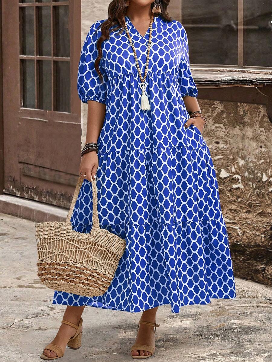 EMERY ROSE Plus Size V-Neck Short Sleeve Allover Print Ruffle Hem Elegant Midi Dress, For Summer ...