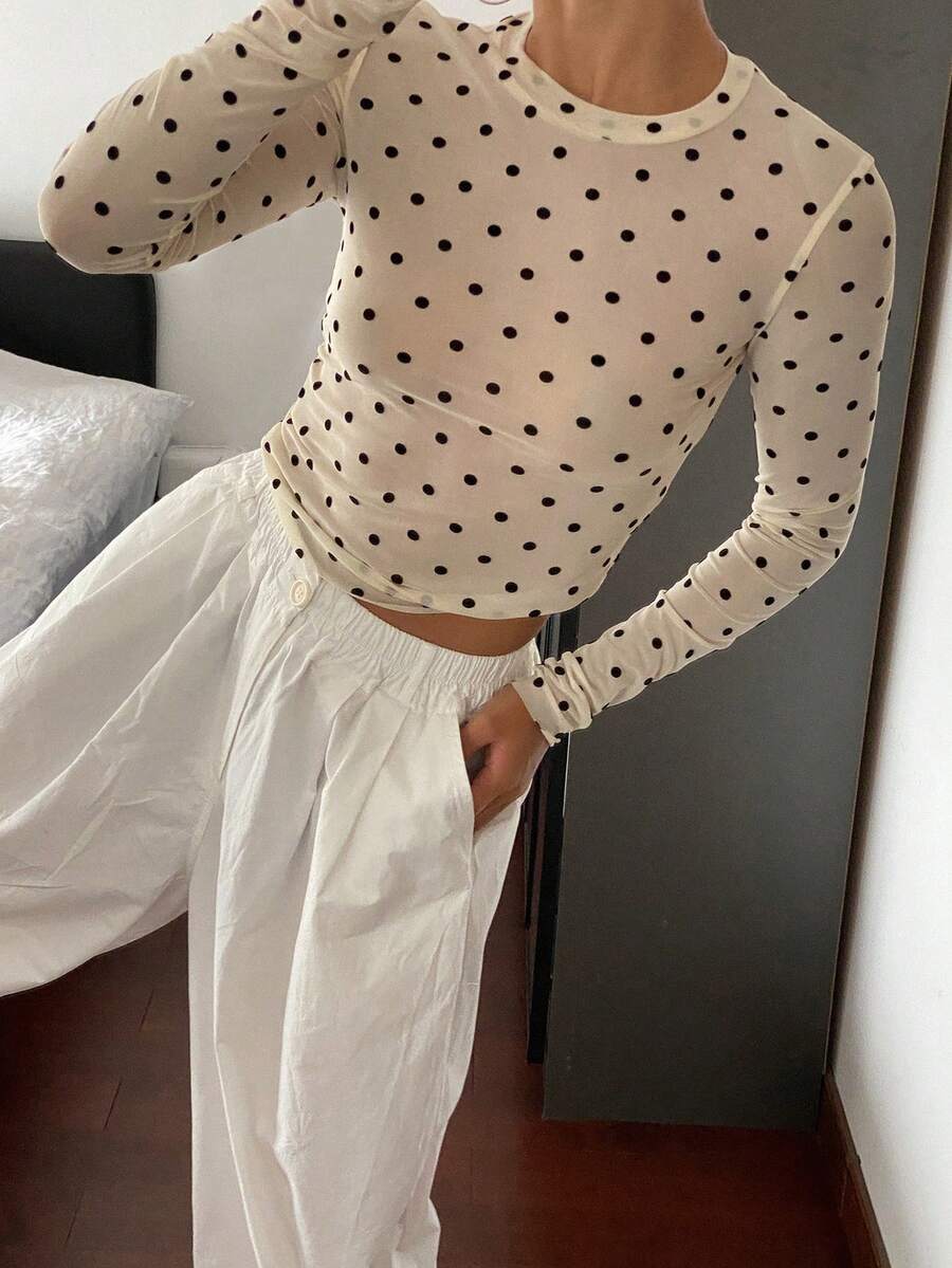 Livesso Women's Polka Dot Slim Fit Casual Round Neck Long Sleeve Top ...