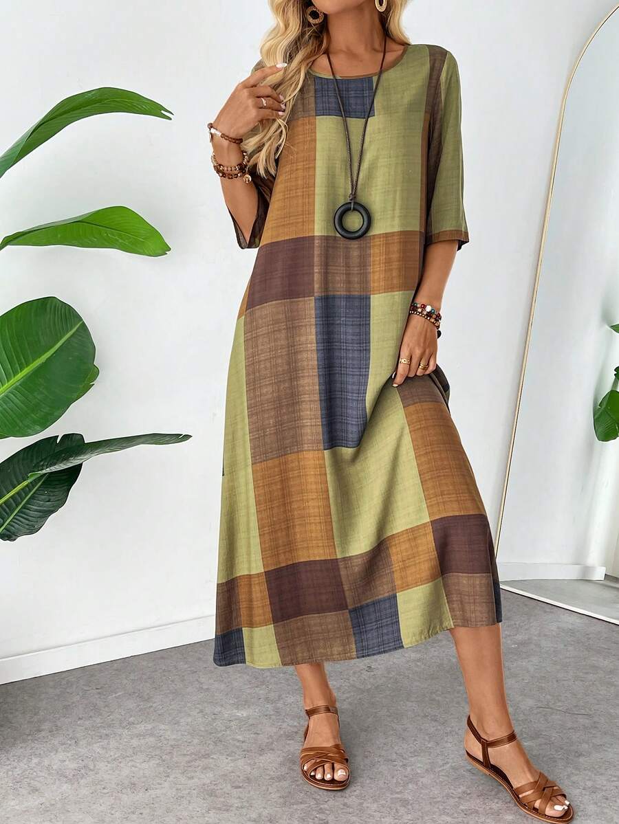 EMERY ROSE Color Block Print 3/4 Sleeve Loose Midi Casual Dress For ...