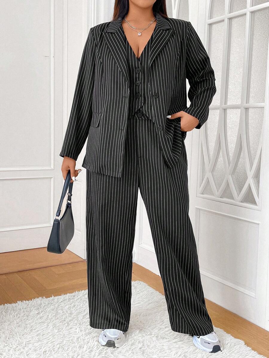 SHEIN EZwear Große Größen 3-teiliges Set: gestreifter Knopfjanker, V ...