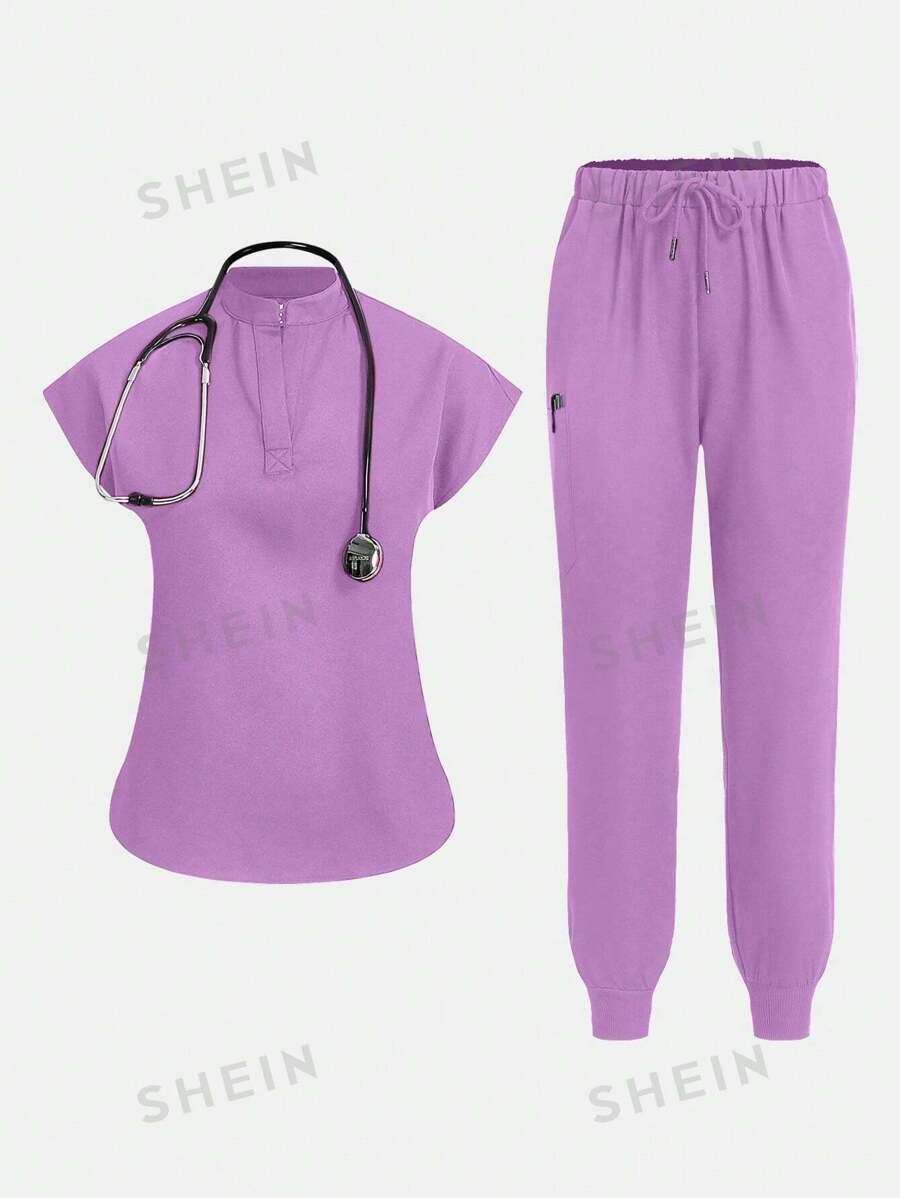 SHEIN TaskFit Women's Summer Nurse Uniform Set - Stretchy Top And Pants ...