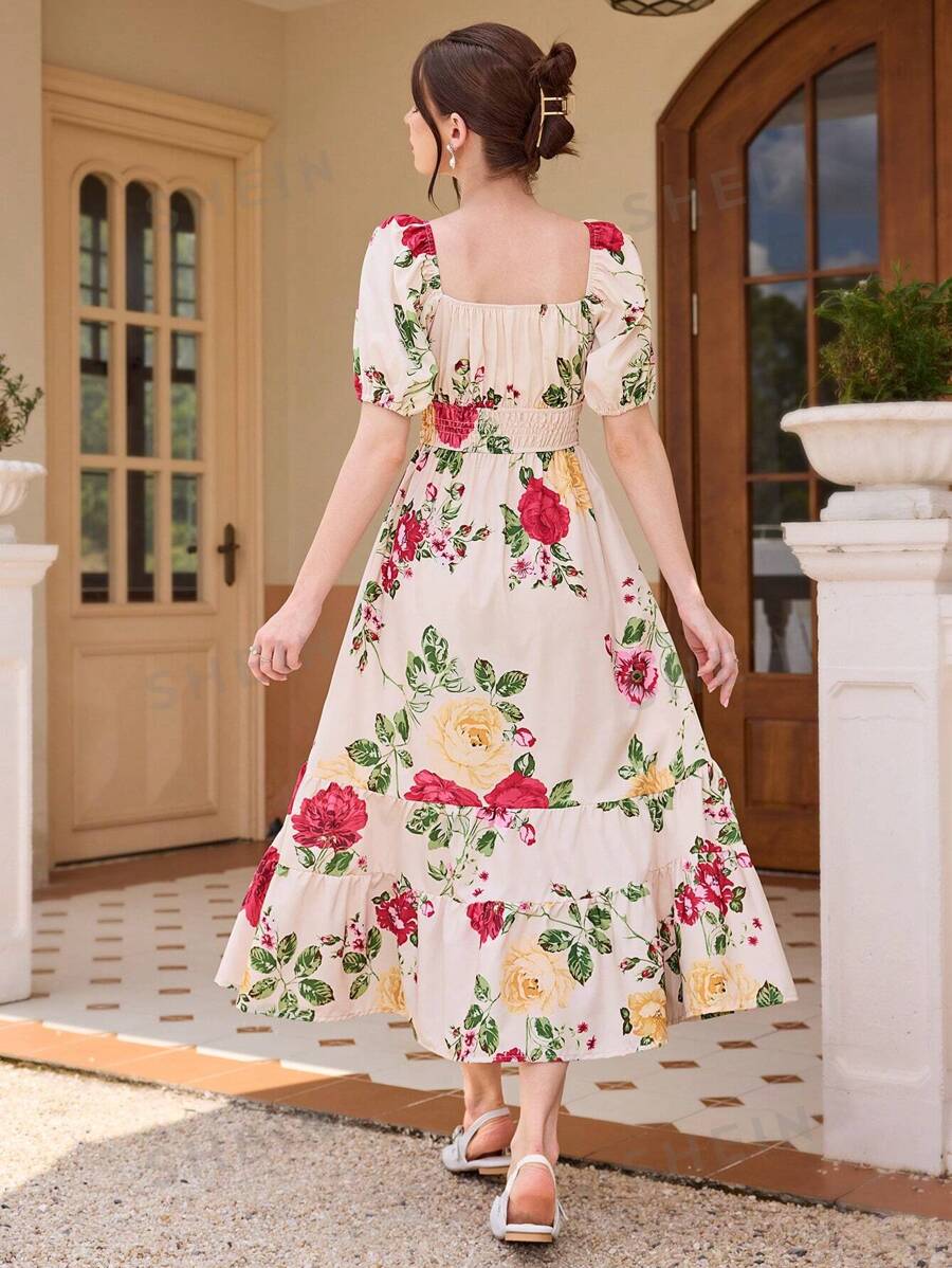 SHEIN Rosie Random Floral Print Square Neck Ruffle Hem Pleated Bust Trim Summer Short Sleeve ...